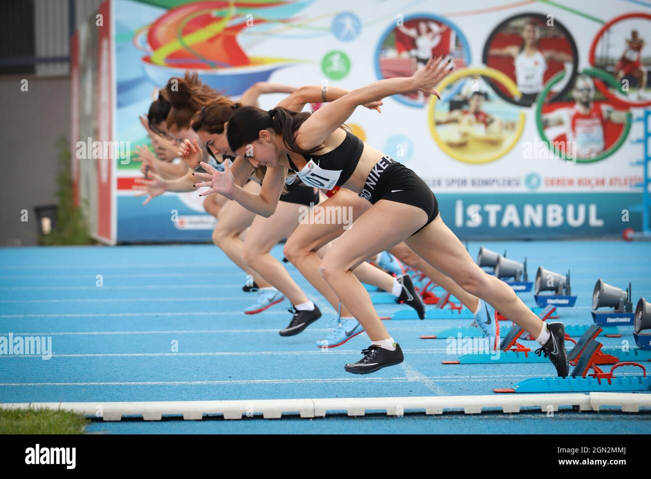 ISTANBUL, TURKEY - JUNE 23, 2021: Athletes running 100 metres during ...