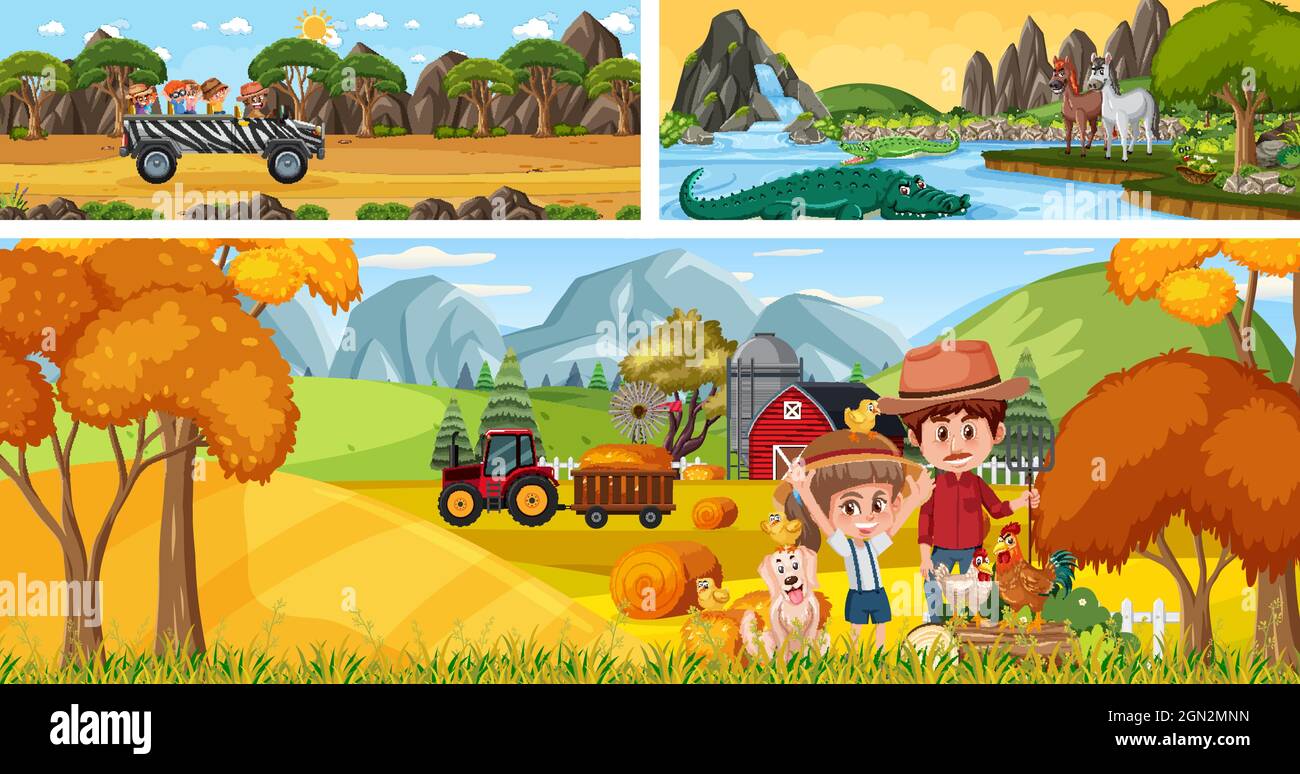 Set of different outdoor panoramic landscape scenes with cartoon ...