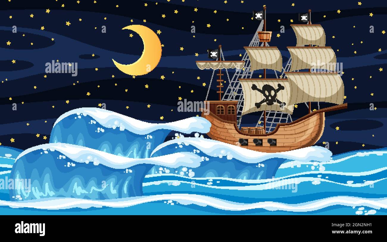 Ocean scene at night with Pirate ship in cartoon style illustration ...