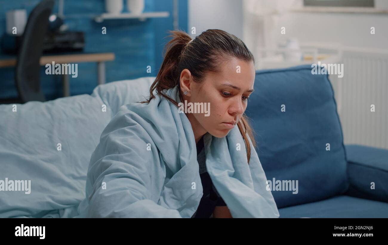 Close up of ill adult looking for medical treatment on table. Sick ...