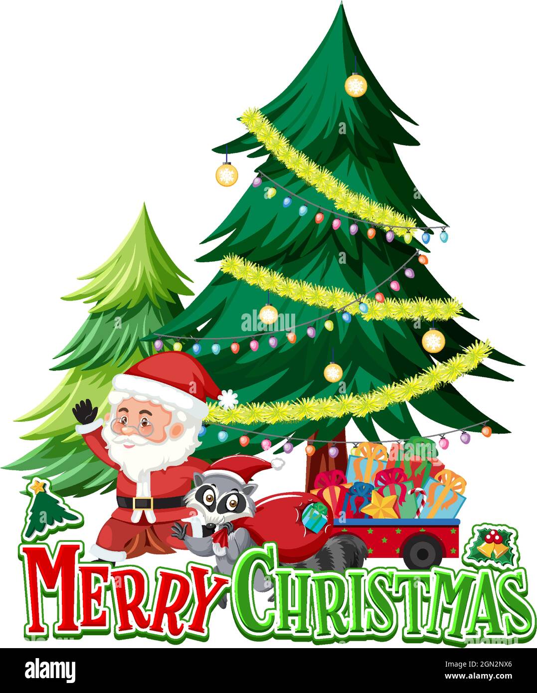 Merry Christmas text logo with Snowman and Christmas tree illustration ...