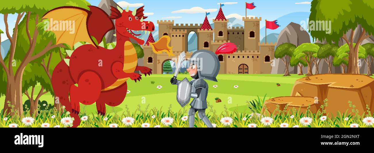 Knights fight with dragon at the castle illustration Stock Vector Image ...