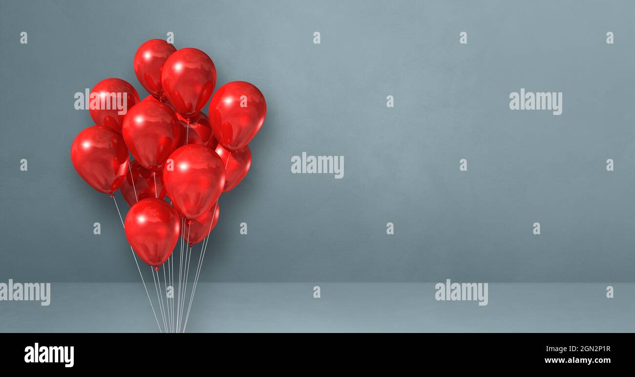 Red balloons bunch on a grey wall background. Horizontal banner. 3D ...