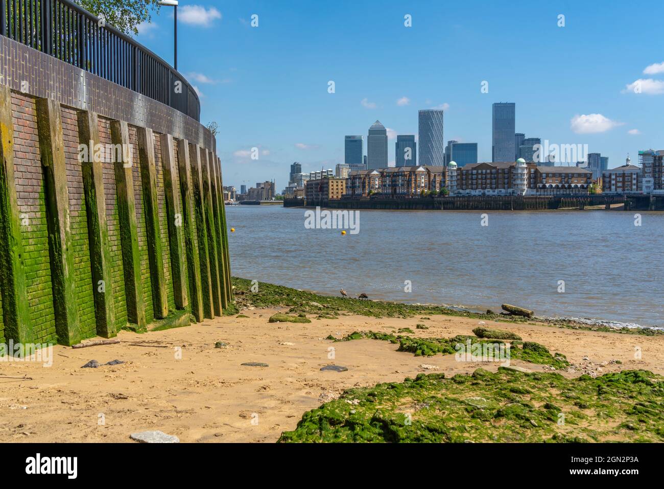 View of Canary Wharf Financial District and river side beach from the ...
