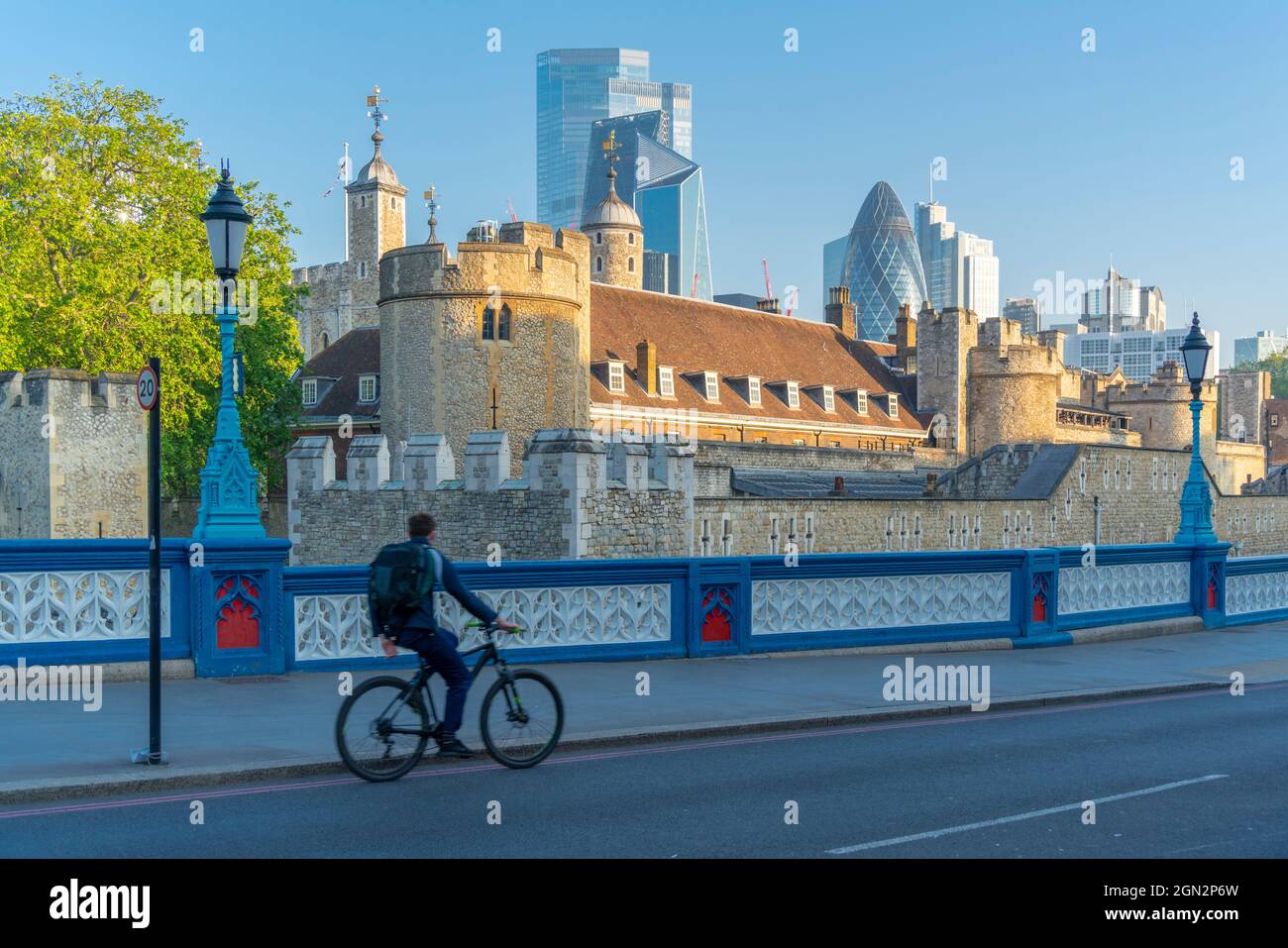 View of cyclist passing the Tower of London and contemporary ...