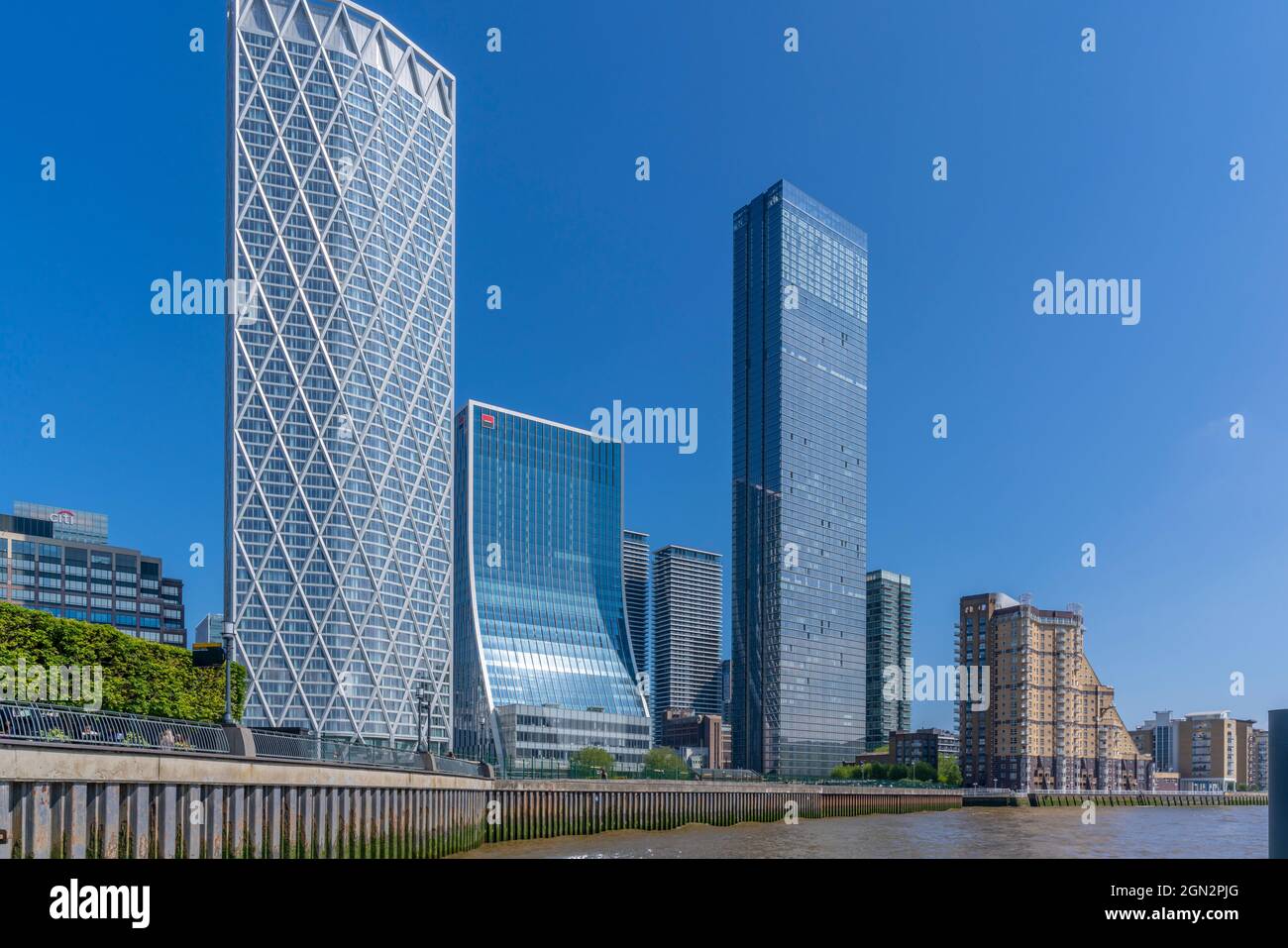 View of Canary Wharf tall buildings from the Thames Path, London ...