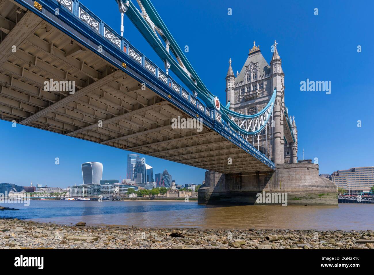 View of Tower Bridge and City of London visible from River Thames level ...