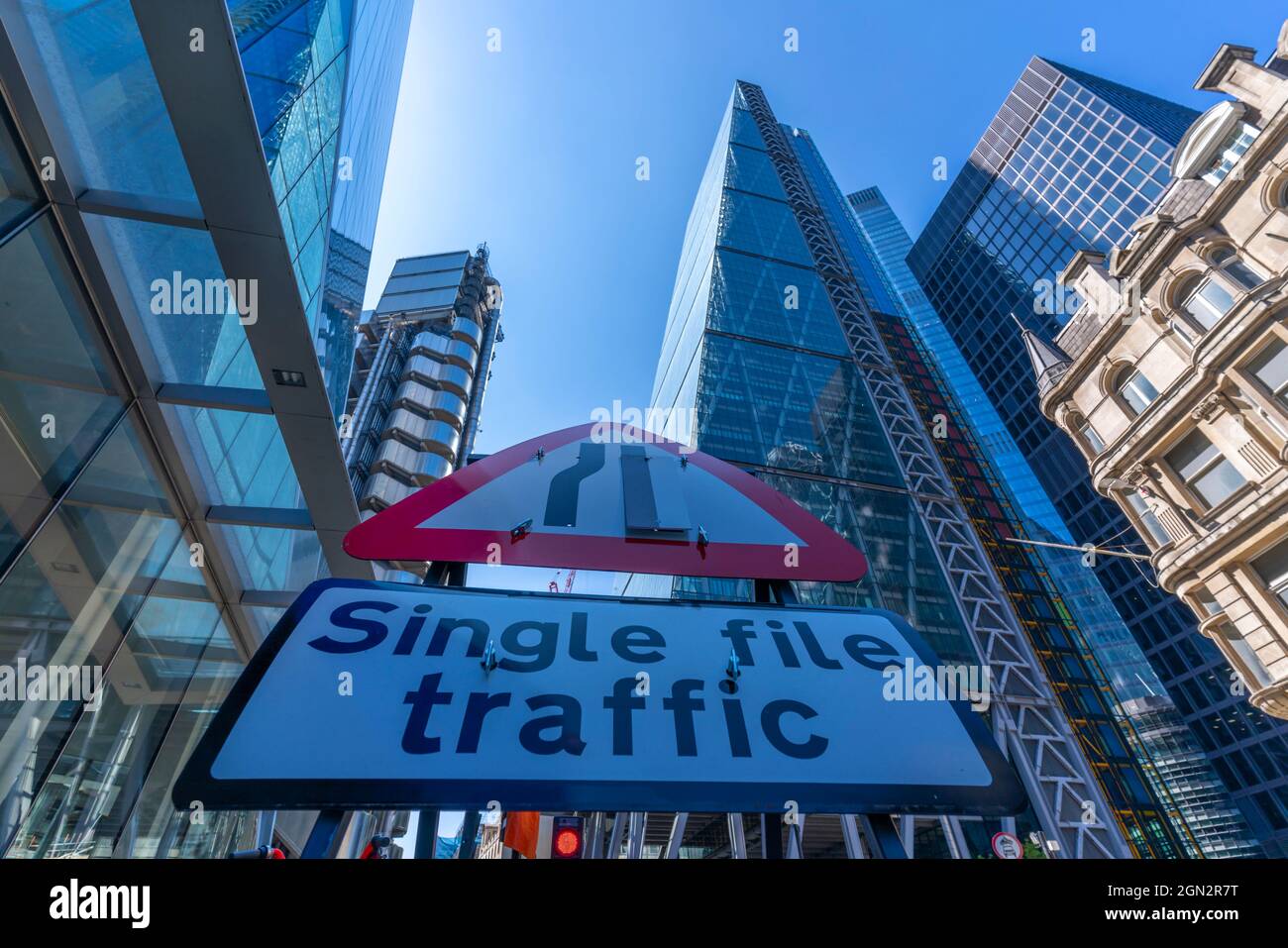 View of contemporary architecture and road sign, City of London, London ...