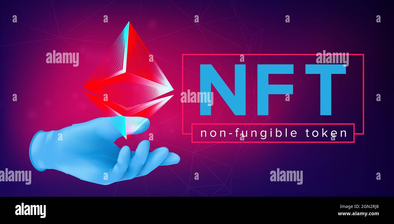 Human hand in a rubber glove holding an abstract pyramid wireframe. NFT ...