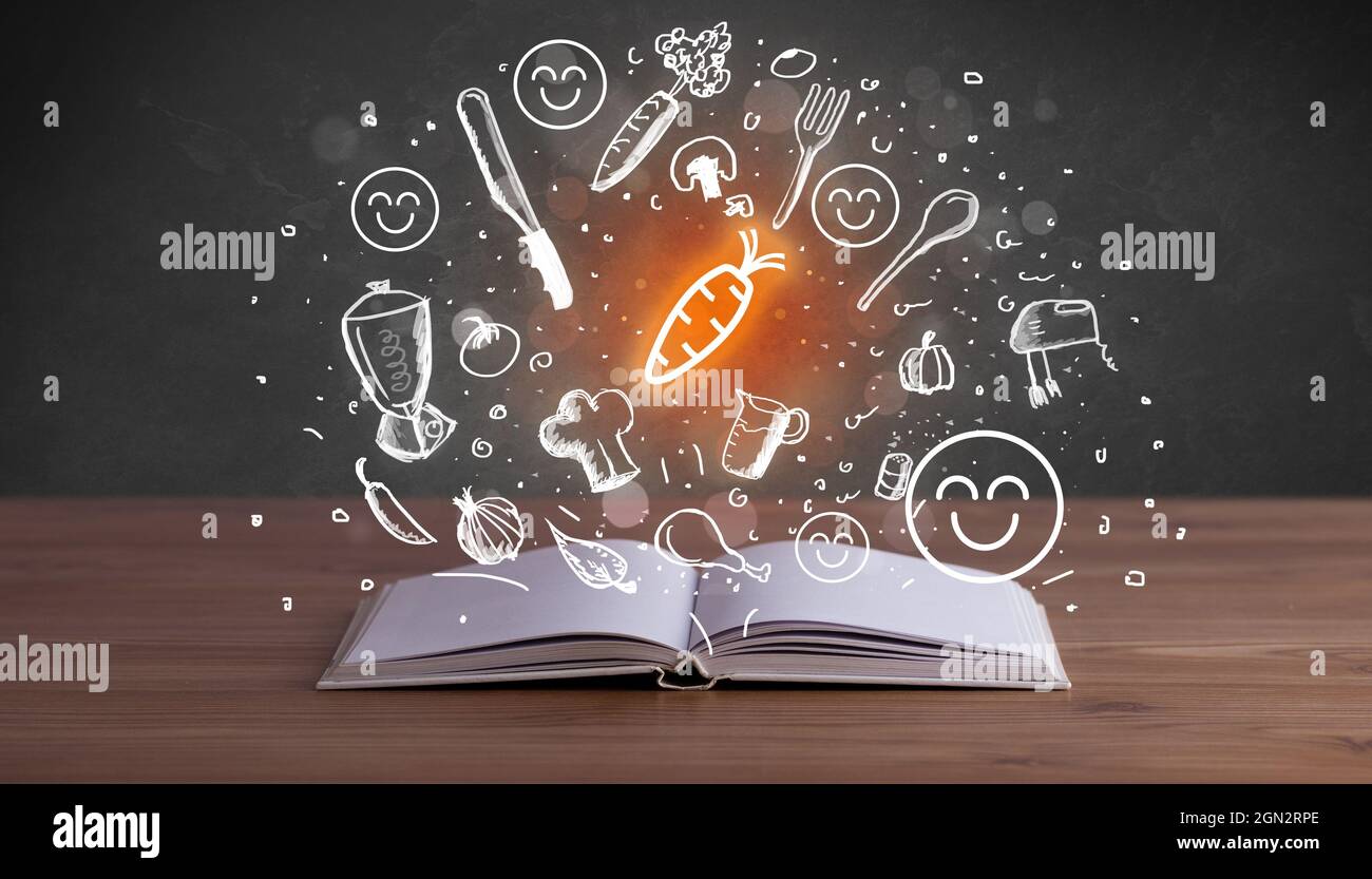 Open recipe book with food related icons above Stock Photo - Alamy