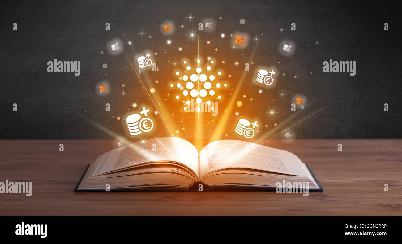 Open book with currency icons above Stock Photo - Alamy
