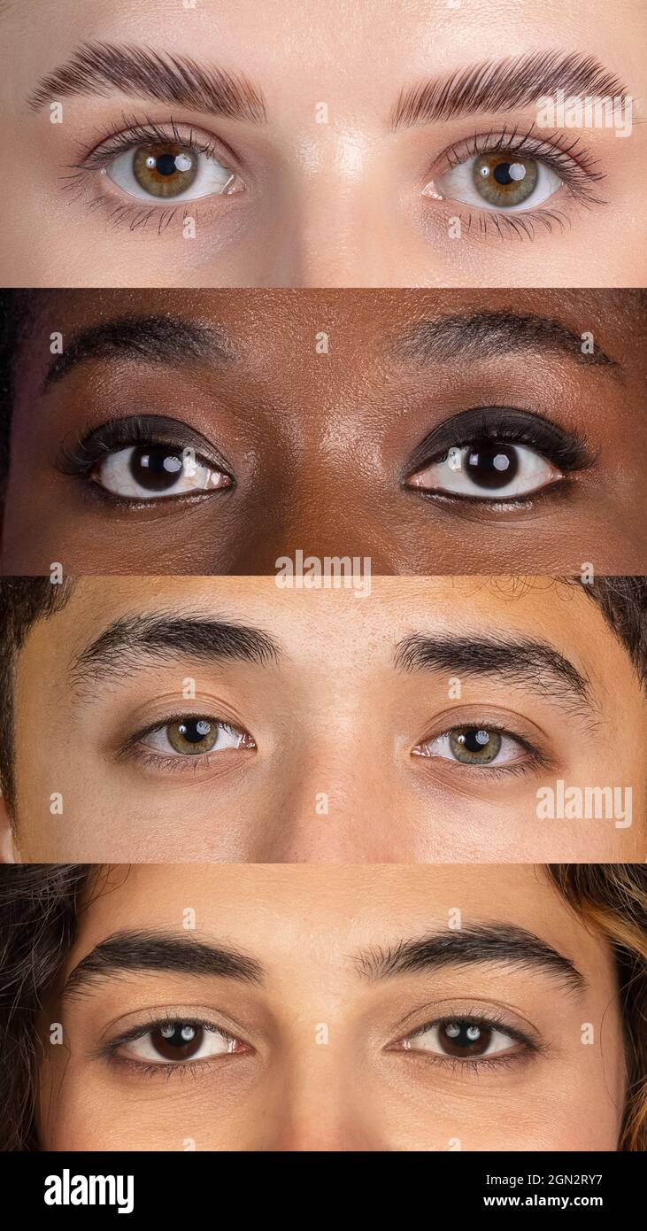 Vertical collage of open eyes of young multiethnic men and women on ...