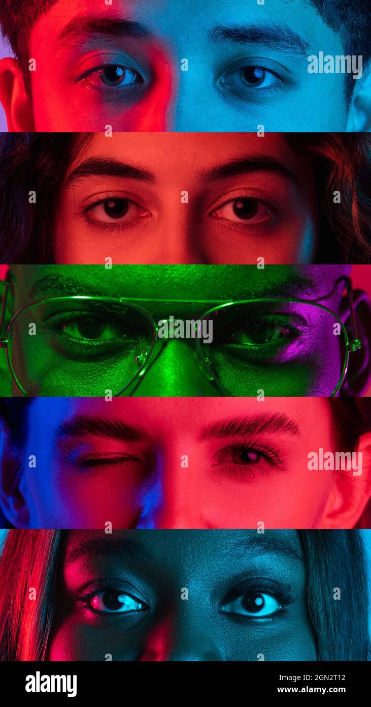 Vertical collage of open eyes of young multiethnic men and women on ...