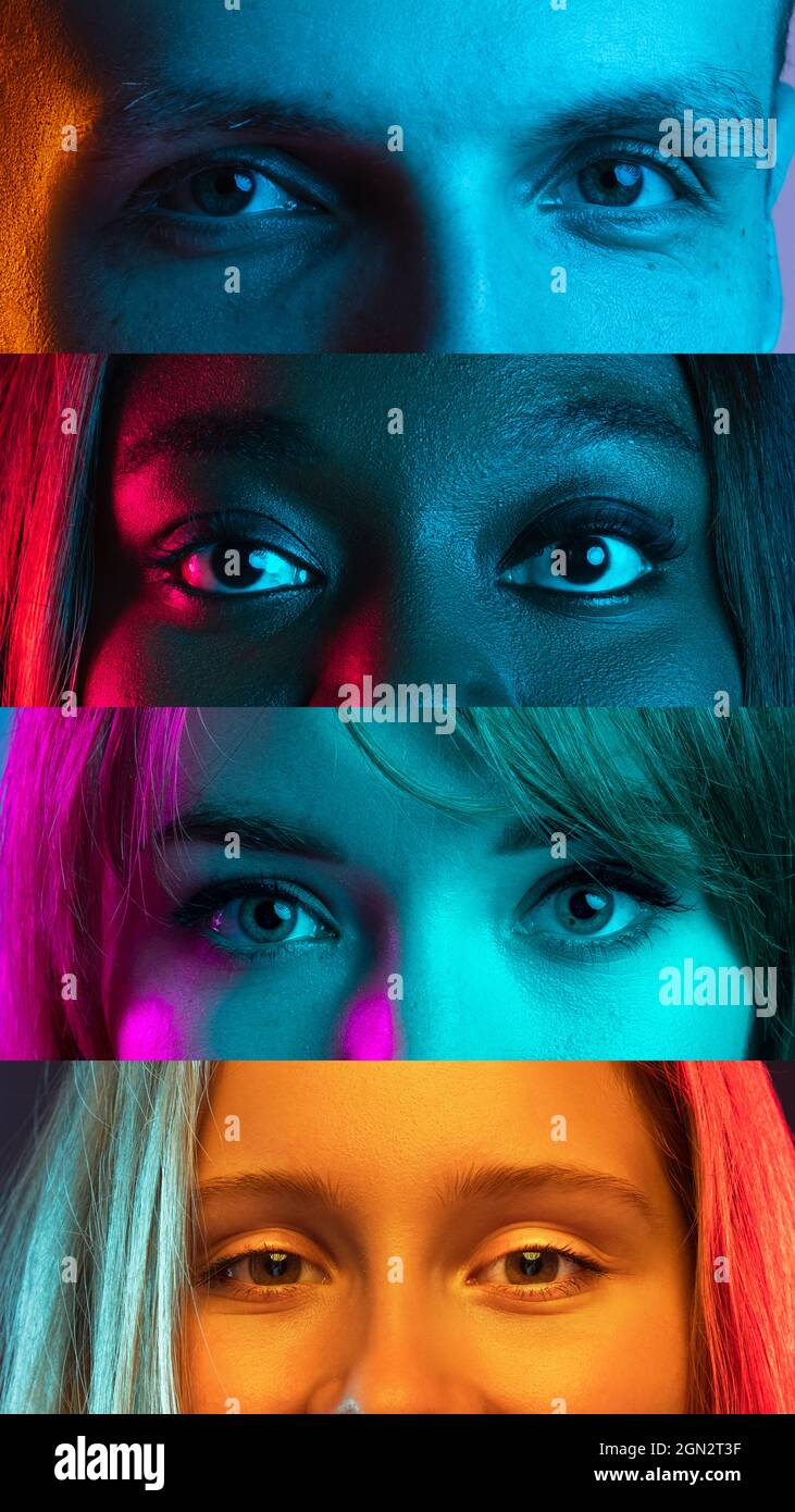 Vertical collage of open eyes of young multiethnic men and women on ...