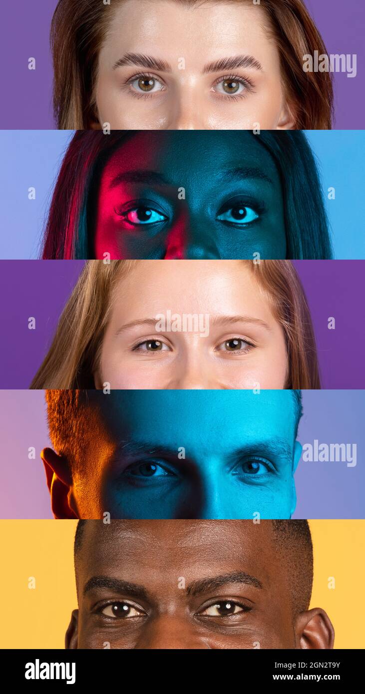 Vertical collage of open eyes of young multiethnic men and women on ...