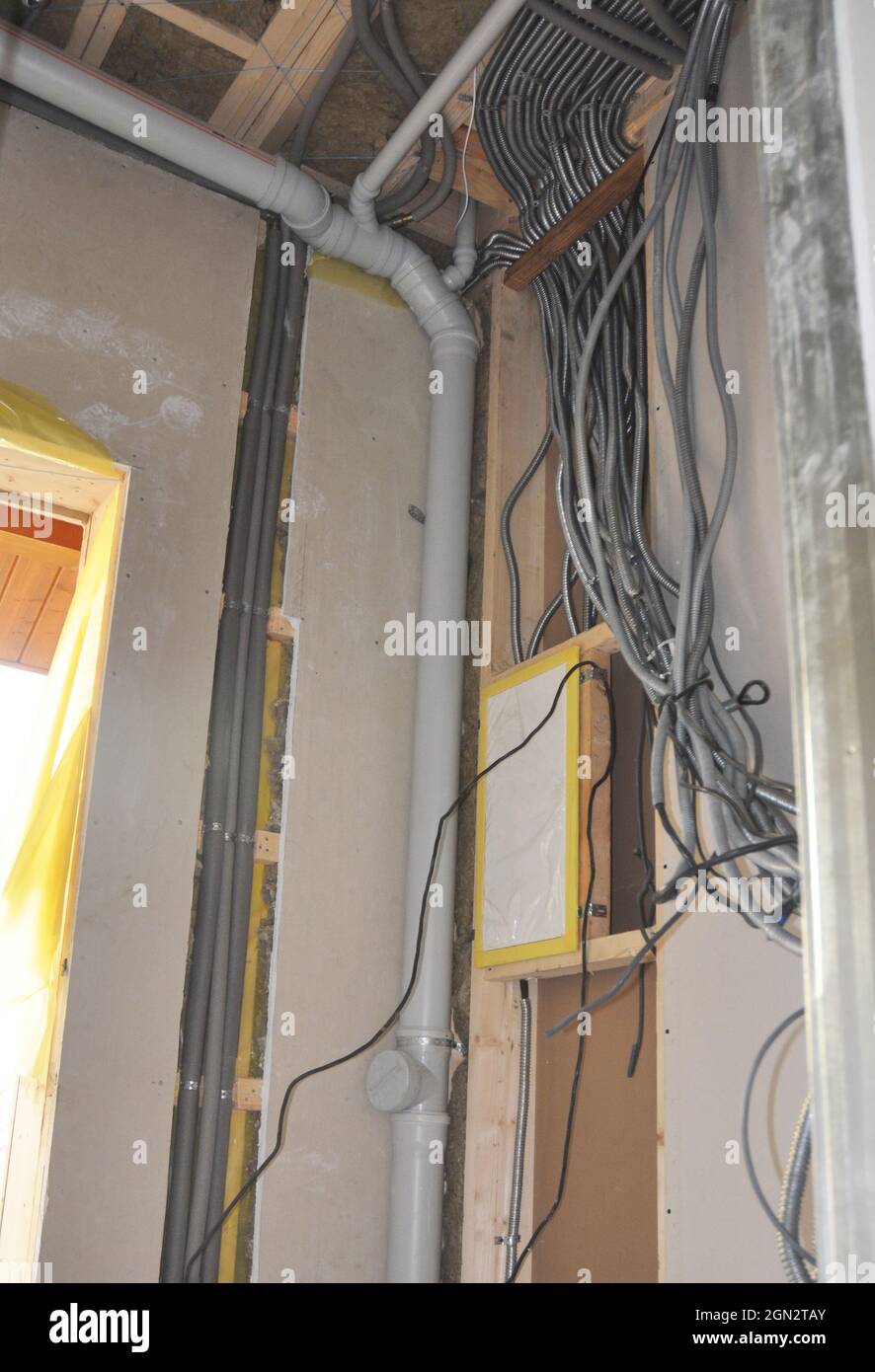 Electrical wiring in new home construction. Pipeline, plumbing house ...
