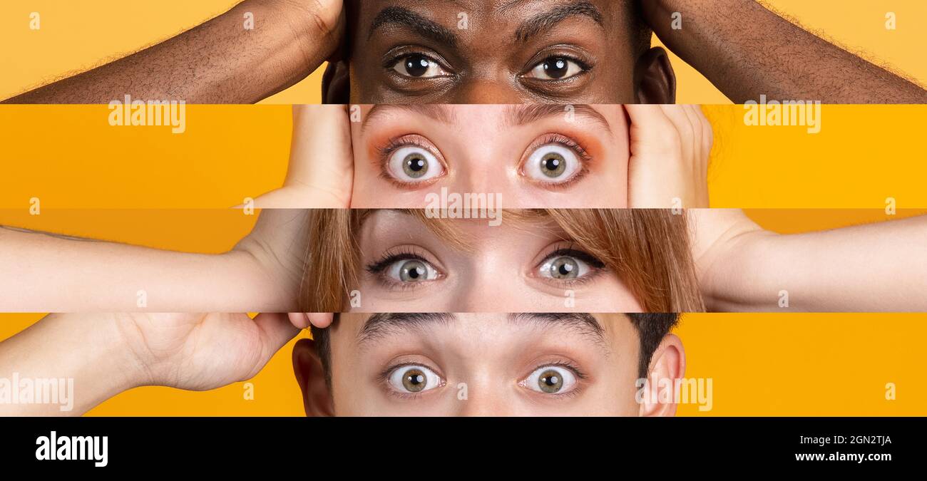 Vertical collage of open eyes of young multiethnic men and women on ...