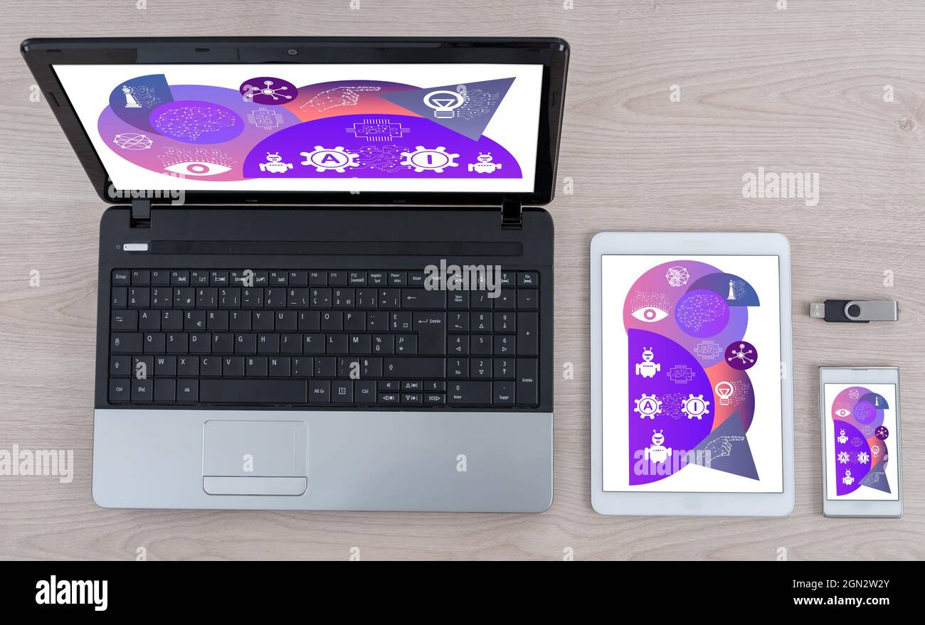 Ai concept shown on different information technology devices Stock ...