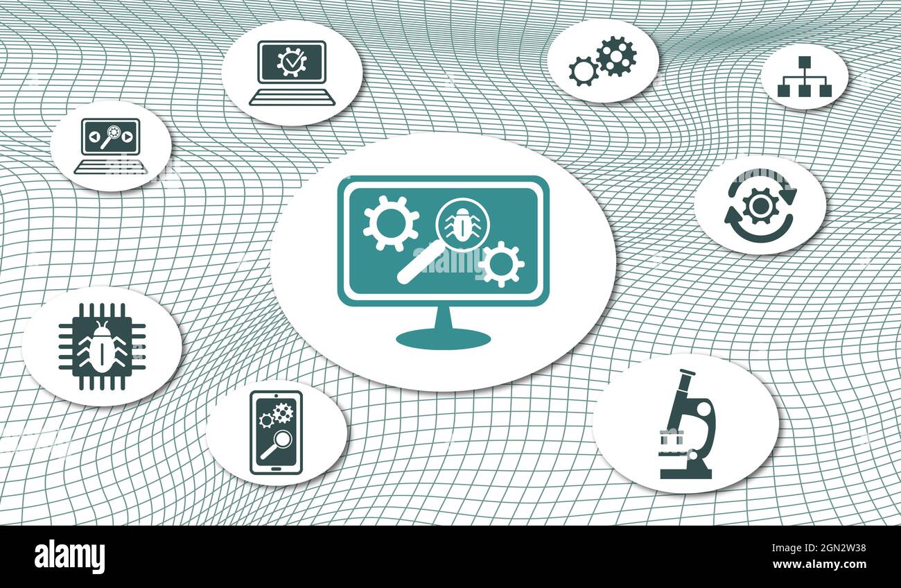 Concept of software testing with icons on mesh network Stock Photo - Alamy