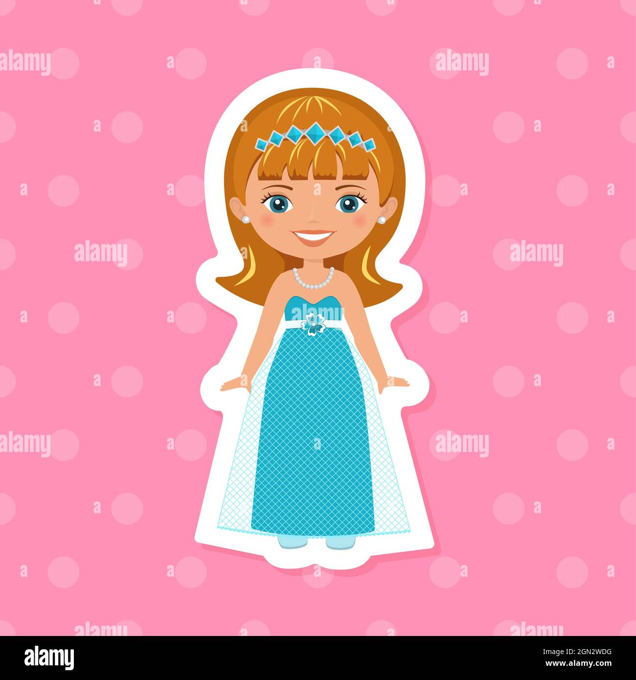 Sticker of cute princess in beautiful dress. Flat cartoon style. Vector ...