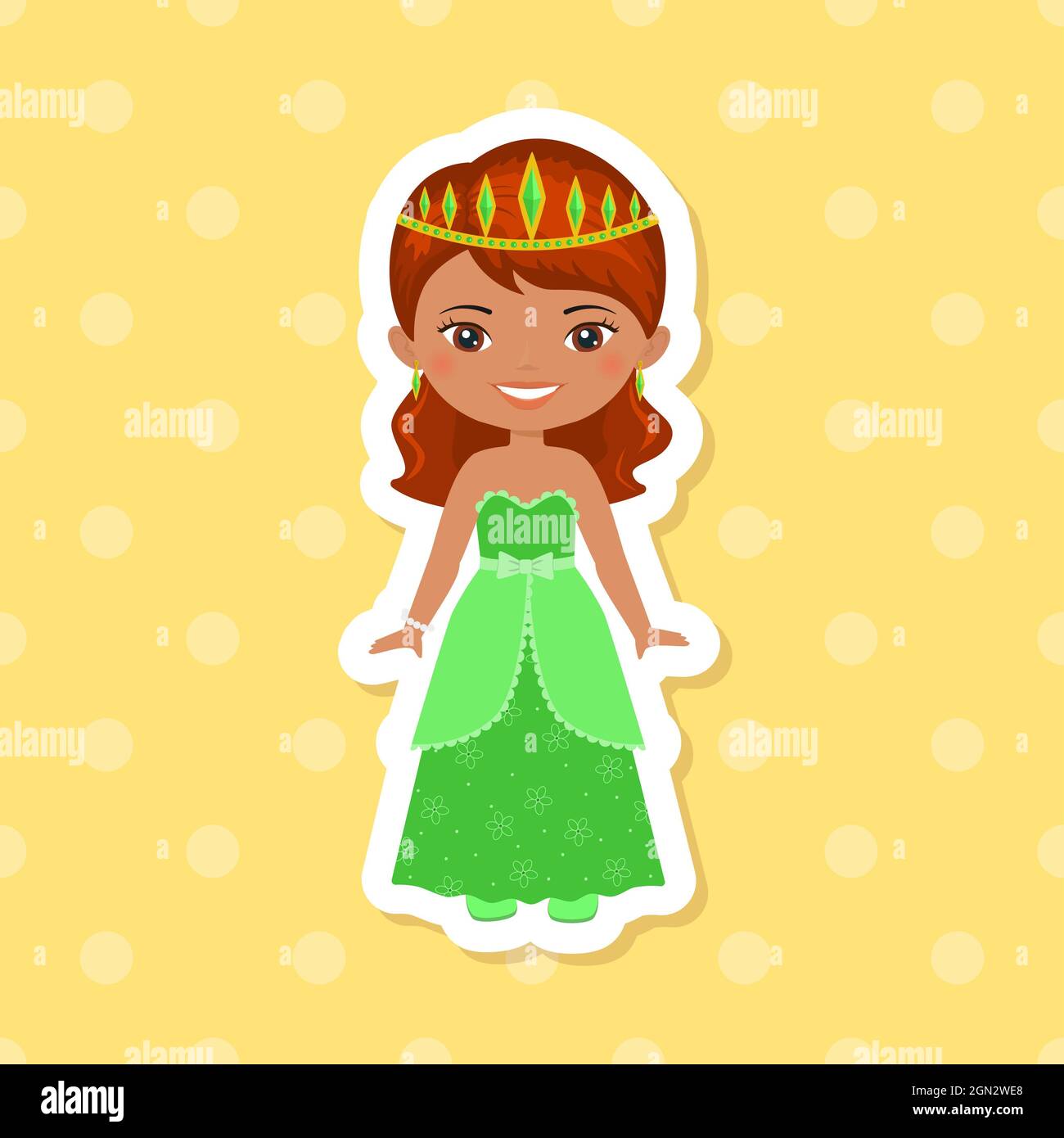 Sticker of cute princess in beautiful dress. Flat cartoon style. Vector ...