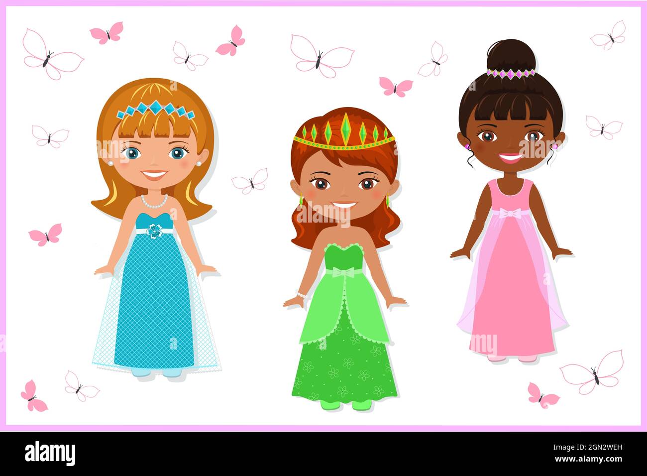 Set of cute princesses in beautiful dresses. Flat cartoon style. Vector ...