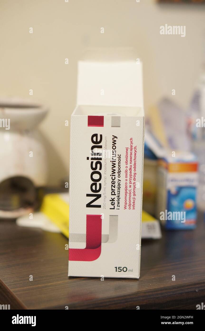 POZNAN, POLAND - Jul 08, 2017: A closeup of a box of Neosine product's ...
