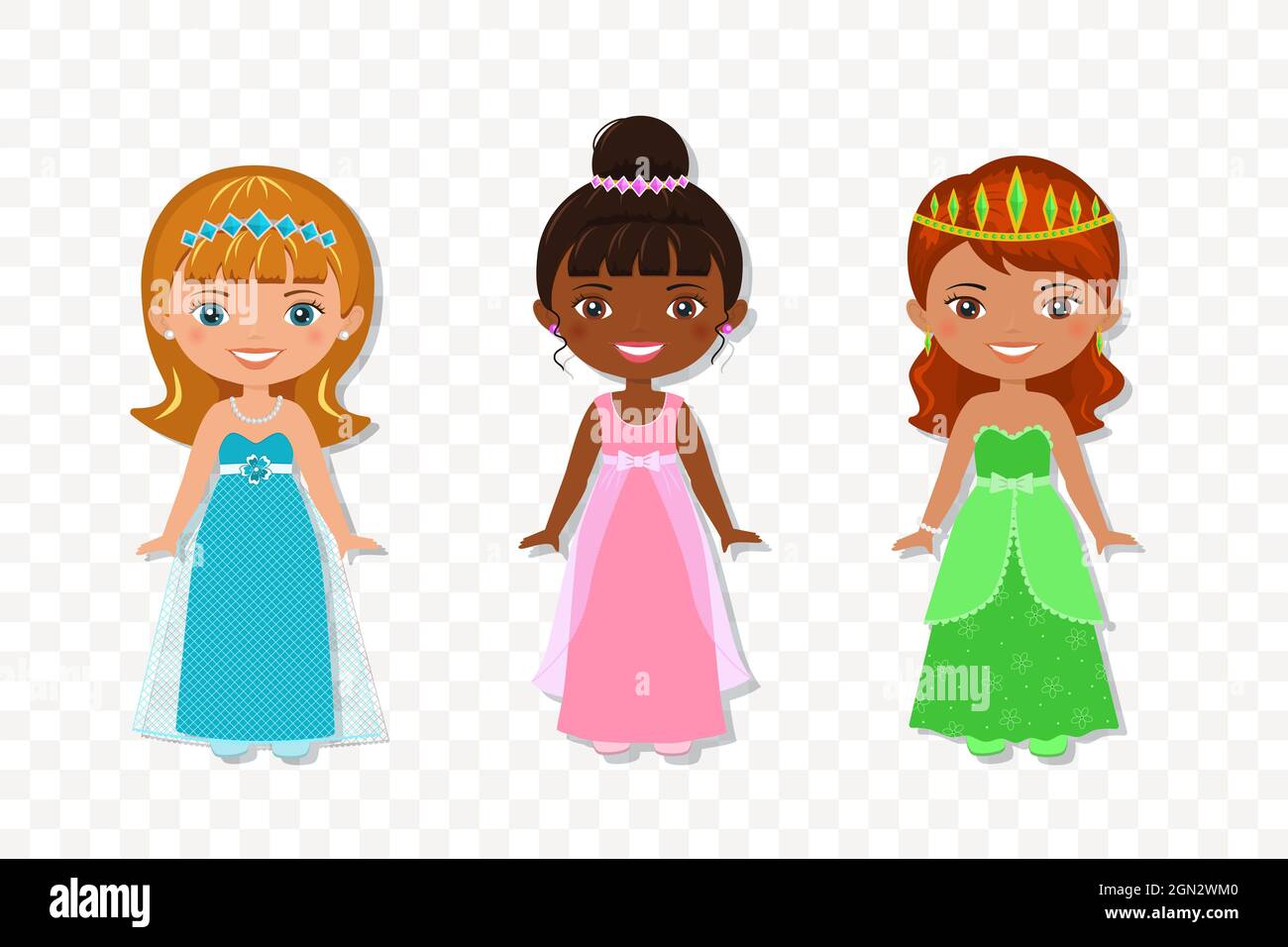 Cute princesses in beautiful dresses on transparent background. Vector ...