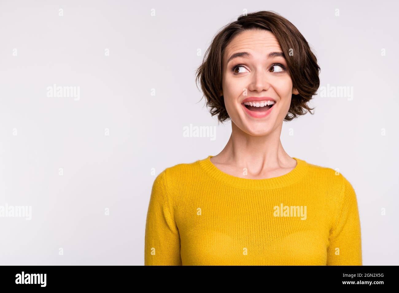Photo of young curious girl happy positive smile amazed excited look ...