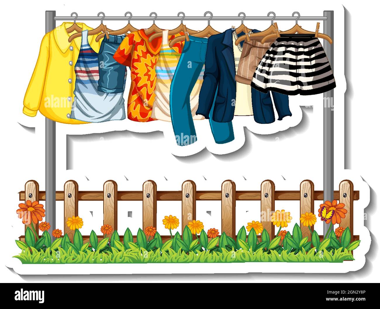 A sticker template of Clothes racks with many clothes on hangers on ...