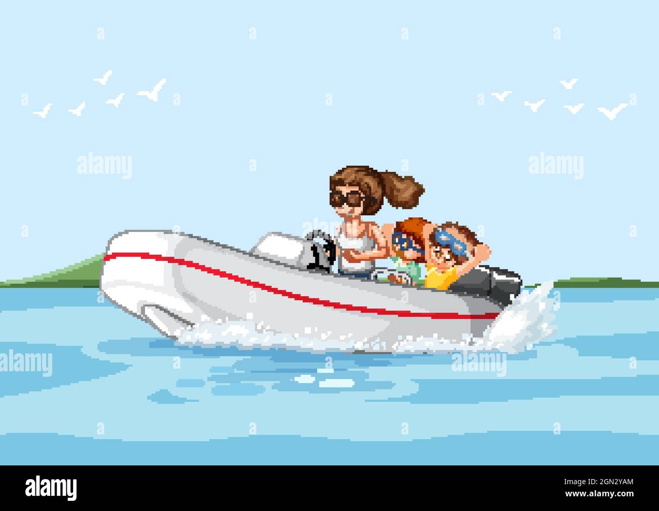 A woman driving speedboat in the river scene illustration Stock Vector ...