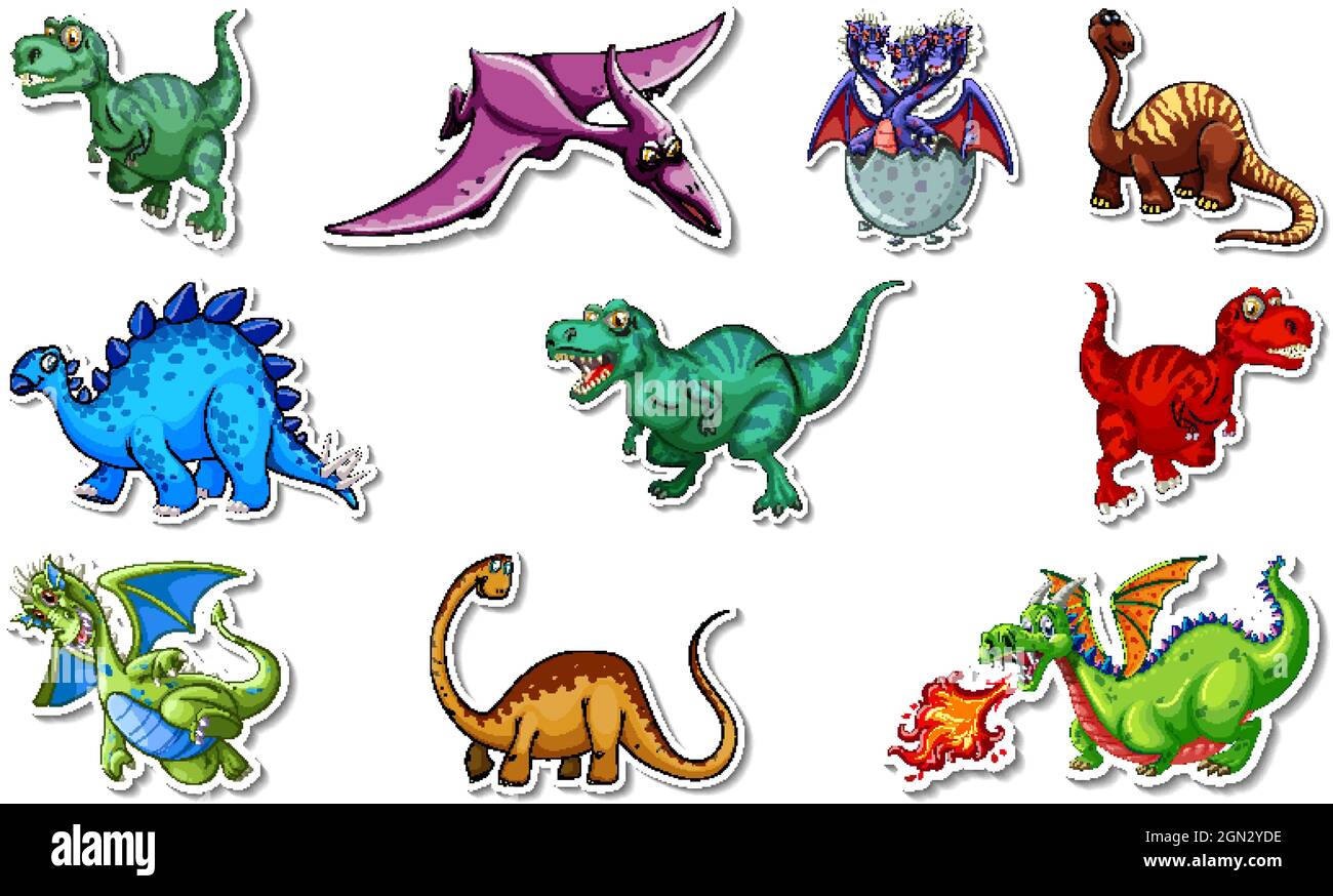 Sticker set with different types of dinosaurs cartoon characters ...