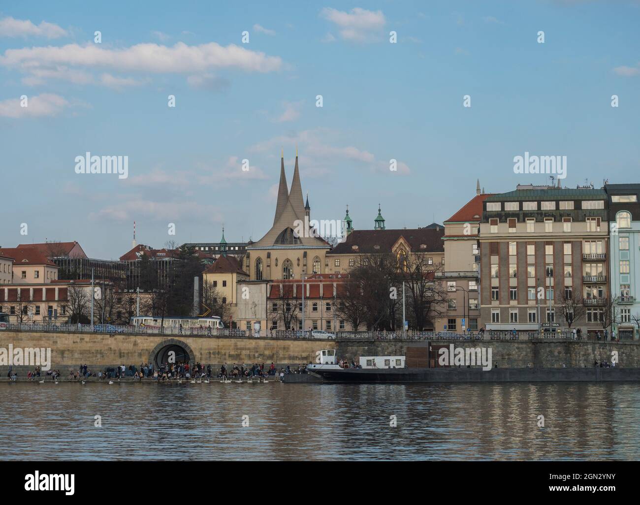Prague, Czech Republic, March 26, 2021: View of Rasinovo nabrezi ...