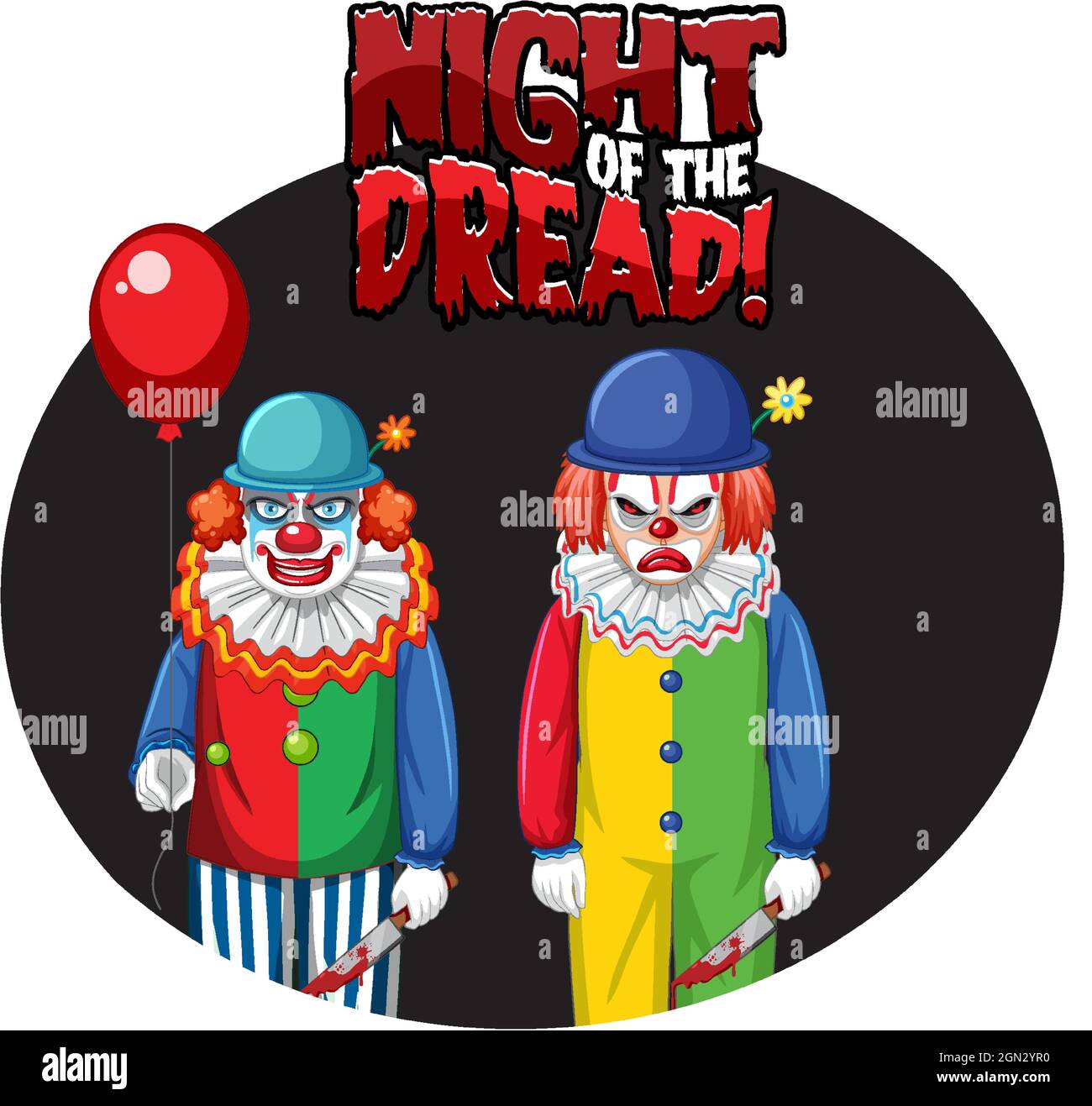 Night of the dread badge with two creepy clowns illustration Stock ...