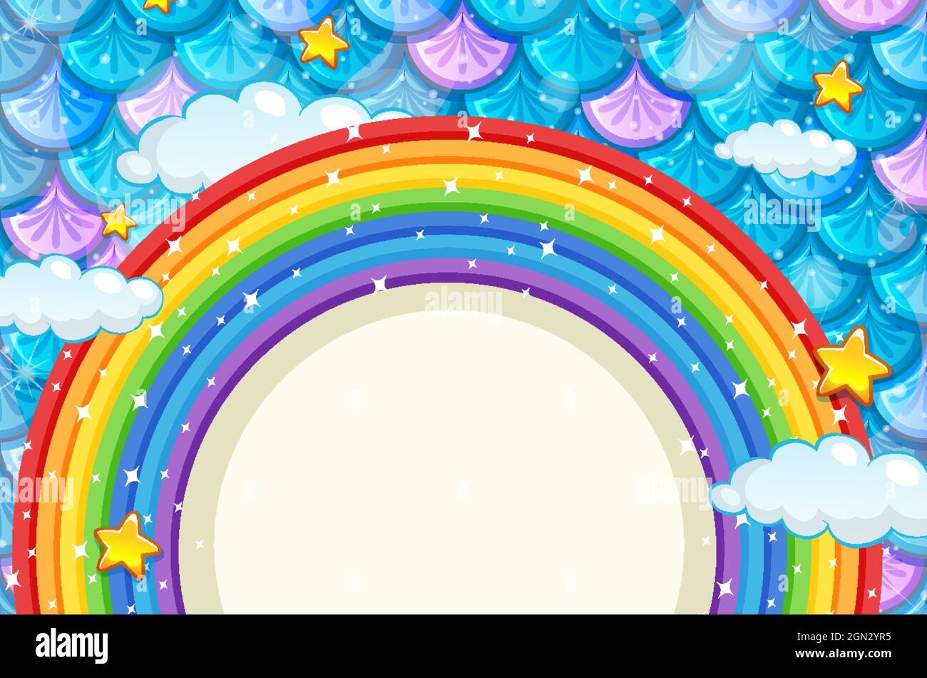 Blank banner with rainbow frame on blue fish scales background ...