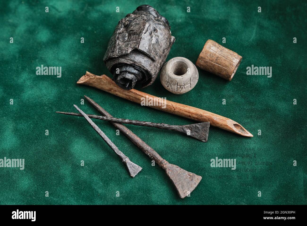 Ancient writing. Iron and bone stylos. Birch bark manuscript, clay ...