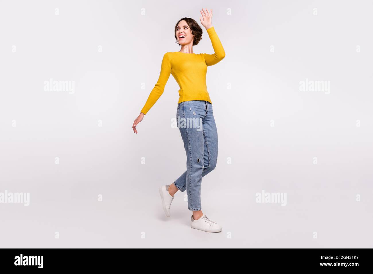 Full body profile side photo of young woman happy positive smile go ...