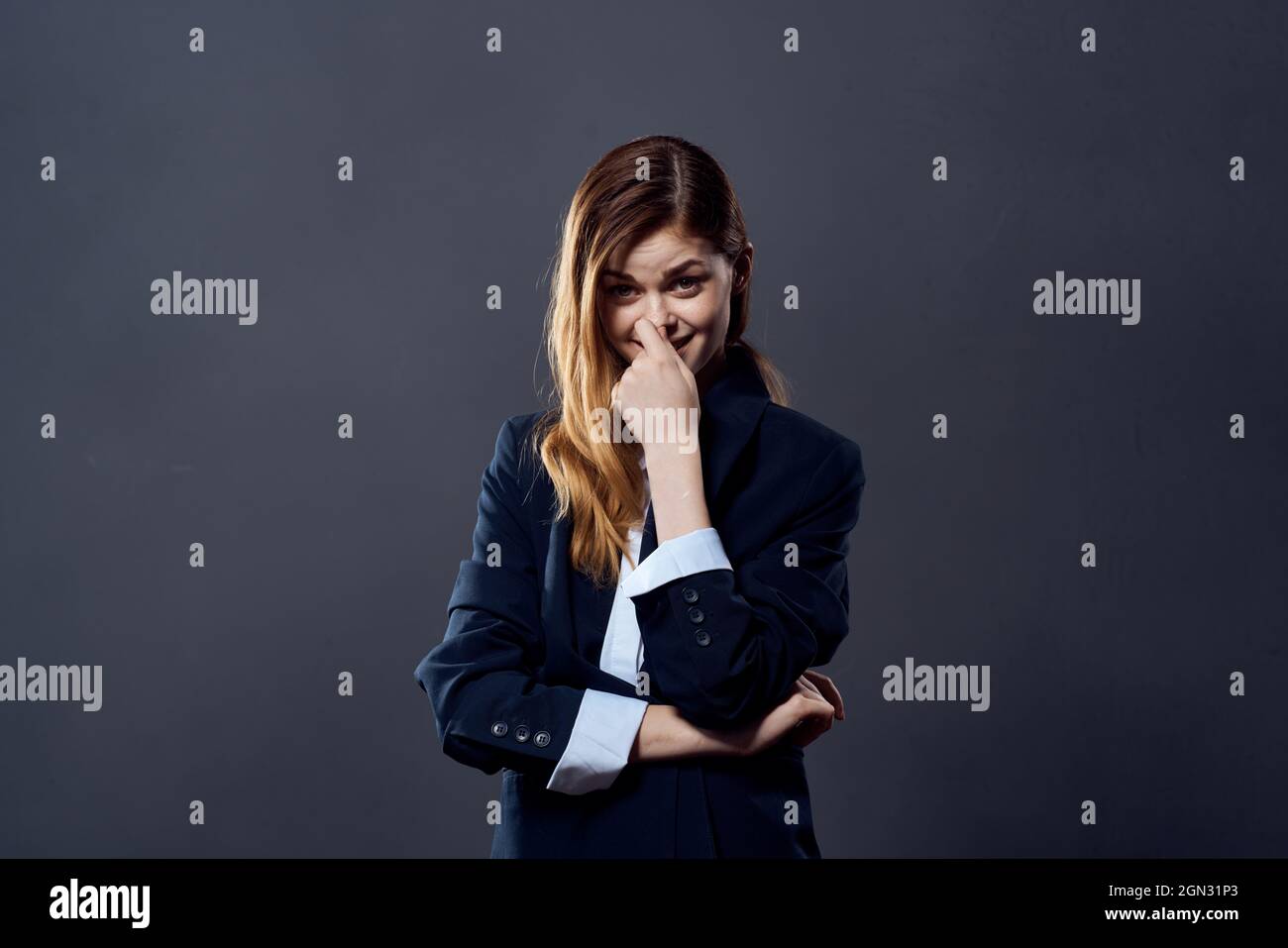 female manager fun posing isolated background Stock Photo - Alamy
