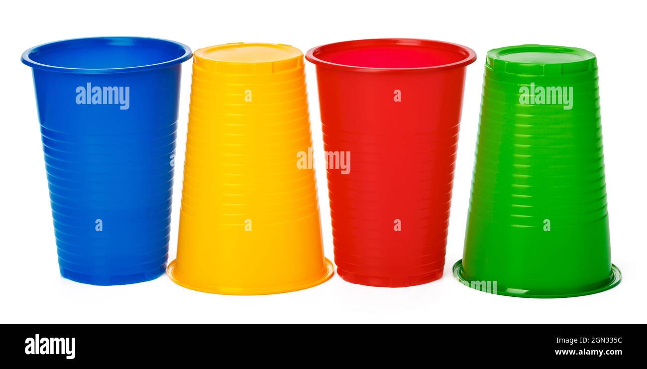 Colored plastic cups isolated on white background Stock Photo - Alamy