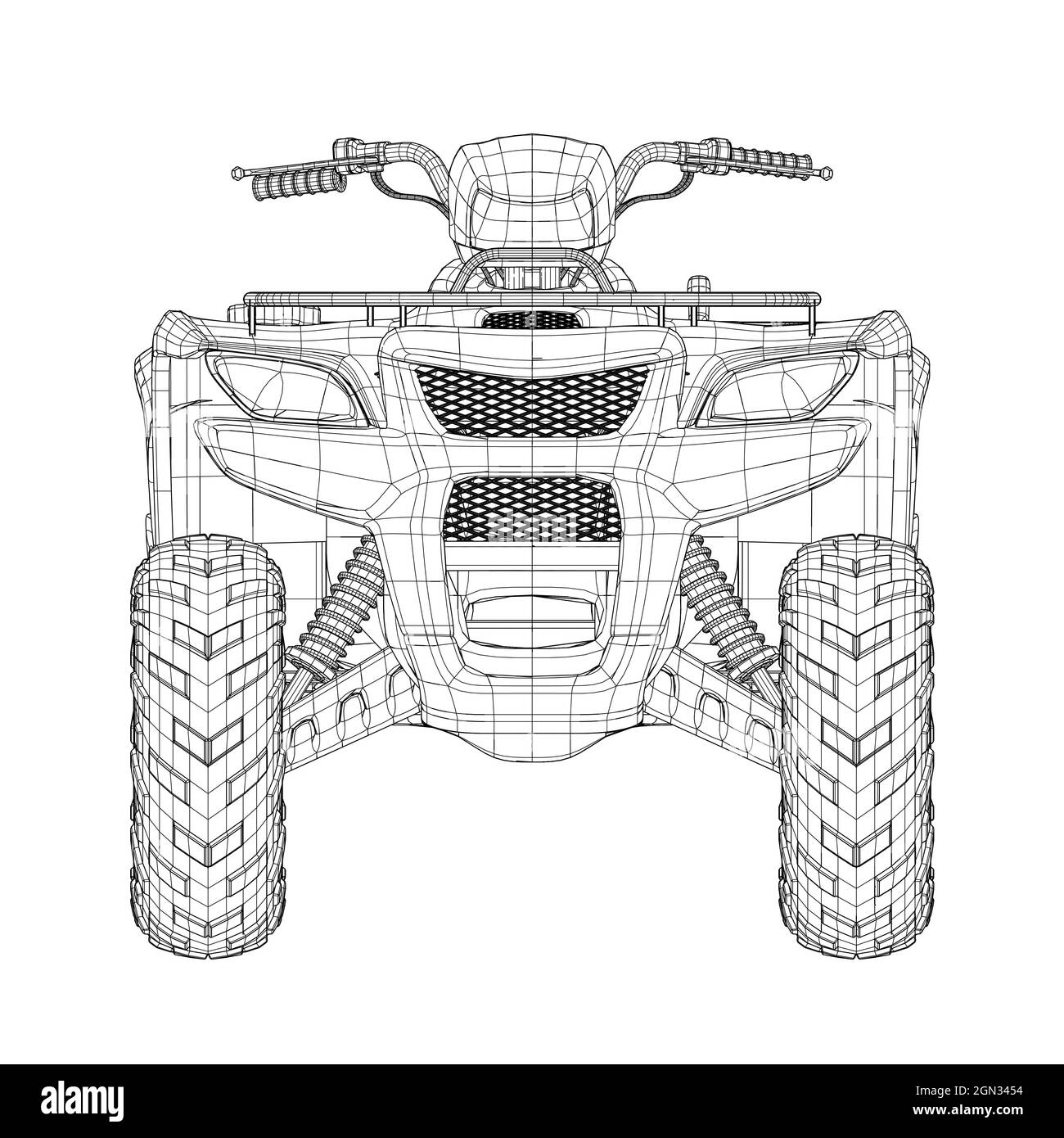 Wireframe of detailed ATV from black lines isolated on white background. Front view. 3D. Vector ...