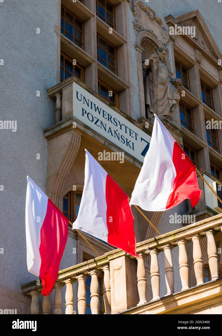 POZNA, POLAND - Sep 29, 2017: A low angle of the three waving Polish ...