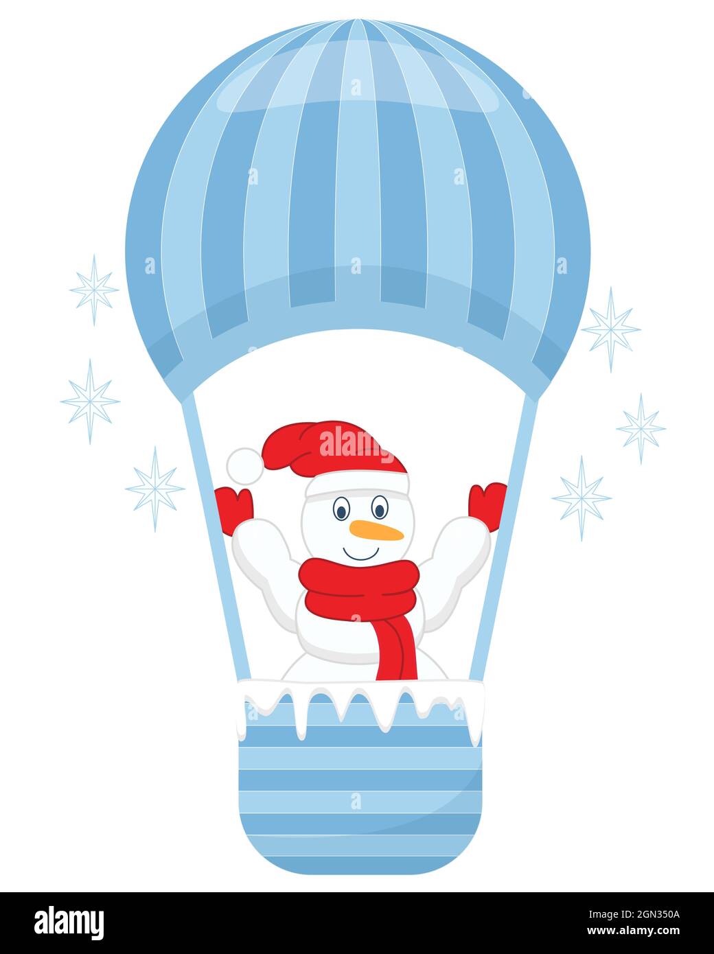 Snowman flies in a hot air balloon vector flat illustration. Winter ...