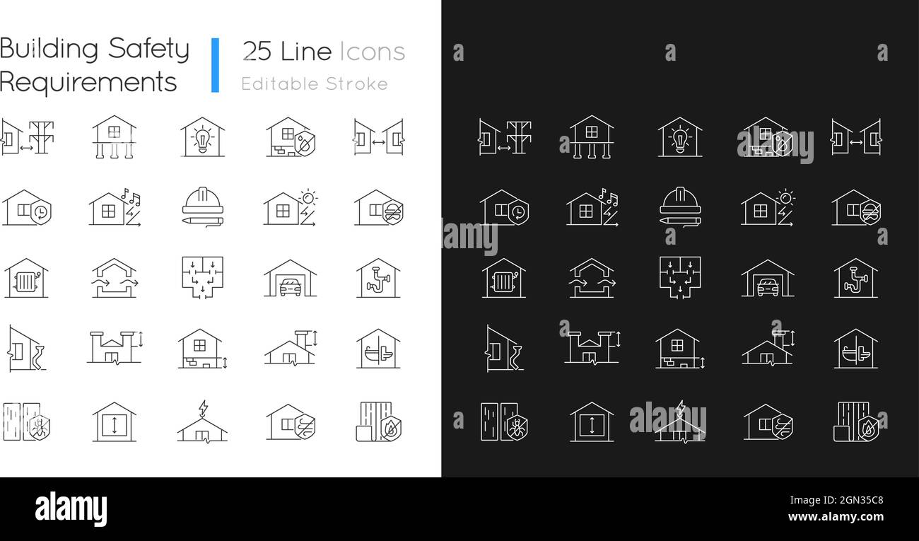Building safety requirements linear icons set for dark and light mode ...