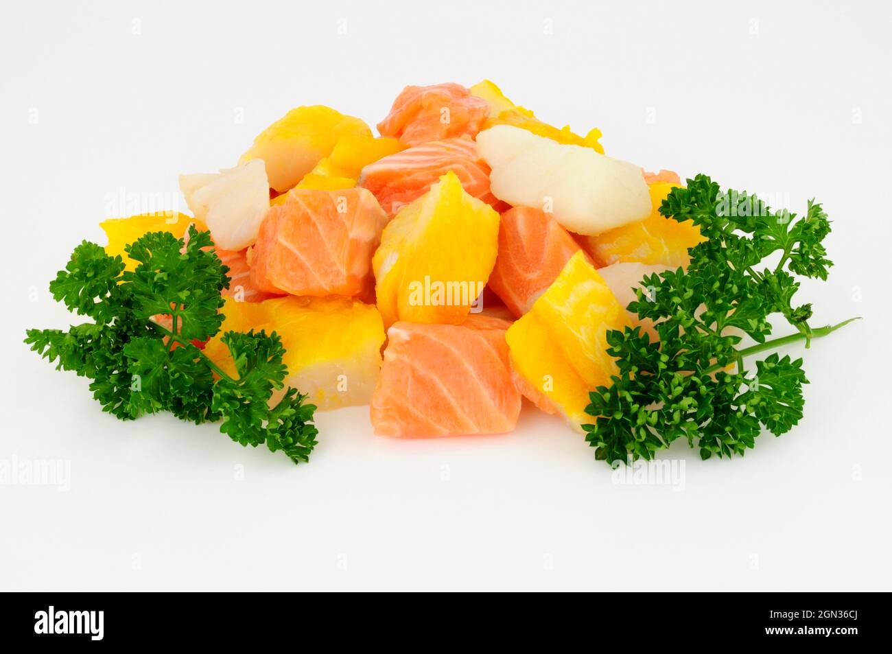 Mixed group of fresh raw salmon, cod and smoked haddock chunks prepared ...