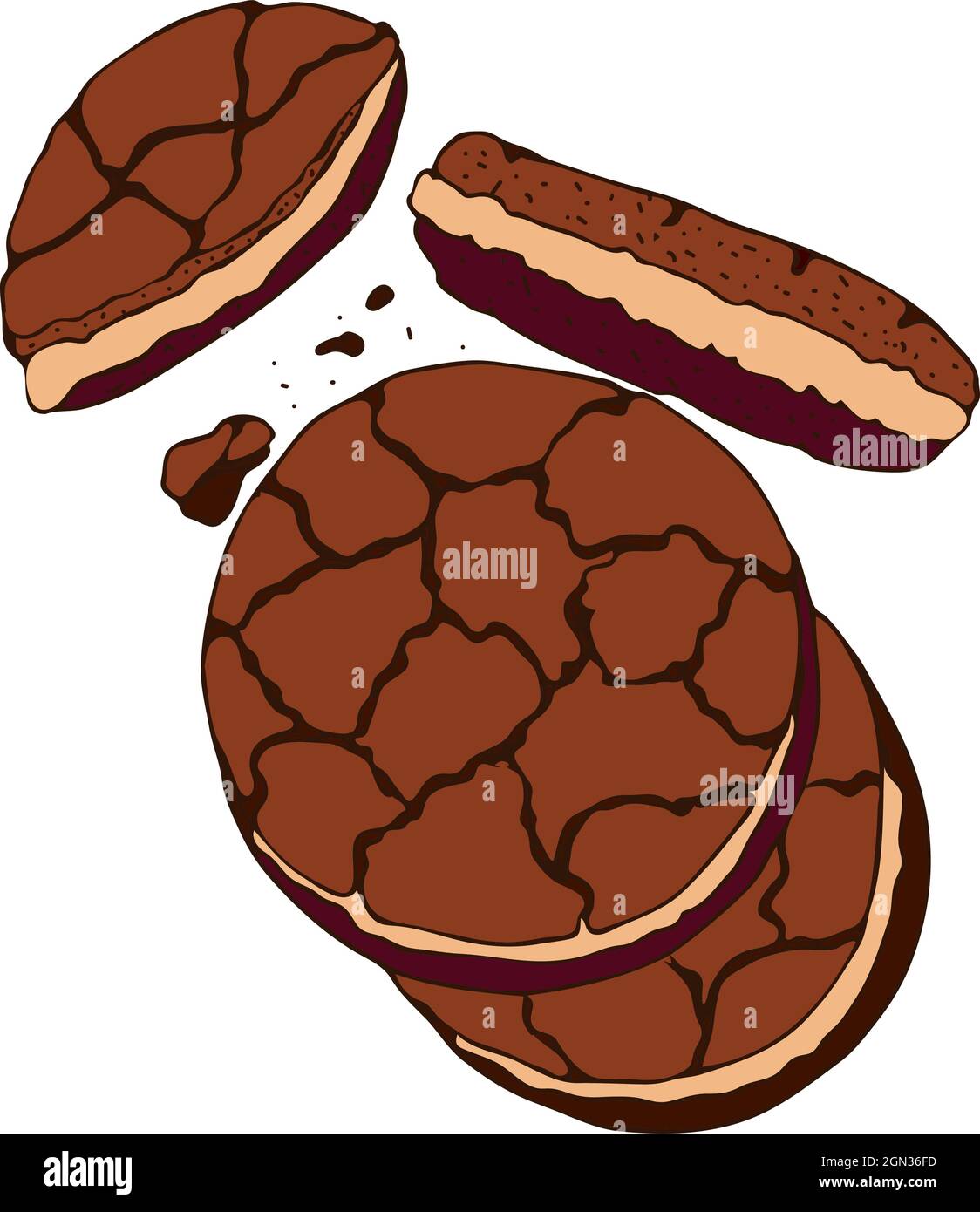 Hand drawing cookies with cream, filling between two layers, on a white ...