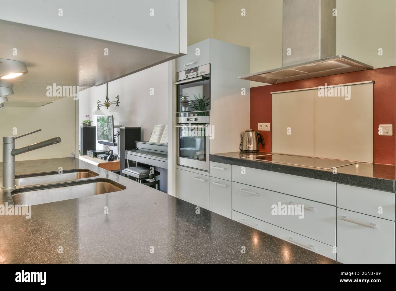 Stylish kitchen equipped with built in oven and microwave in column ...
