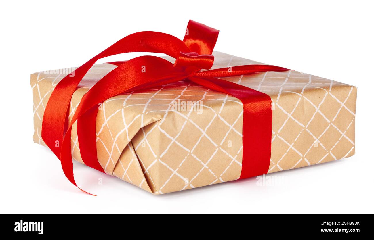 Christmas gift box with red ribbon isolated on white background Stock ...