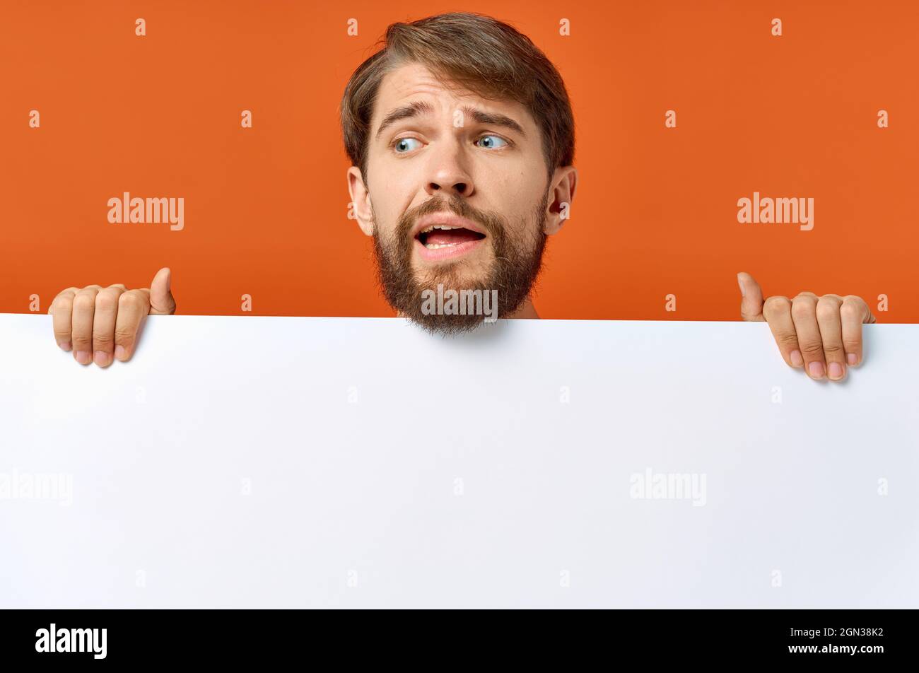 bearded man holding a white banner design isolated background Stock ...