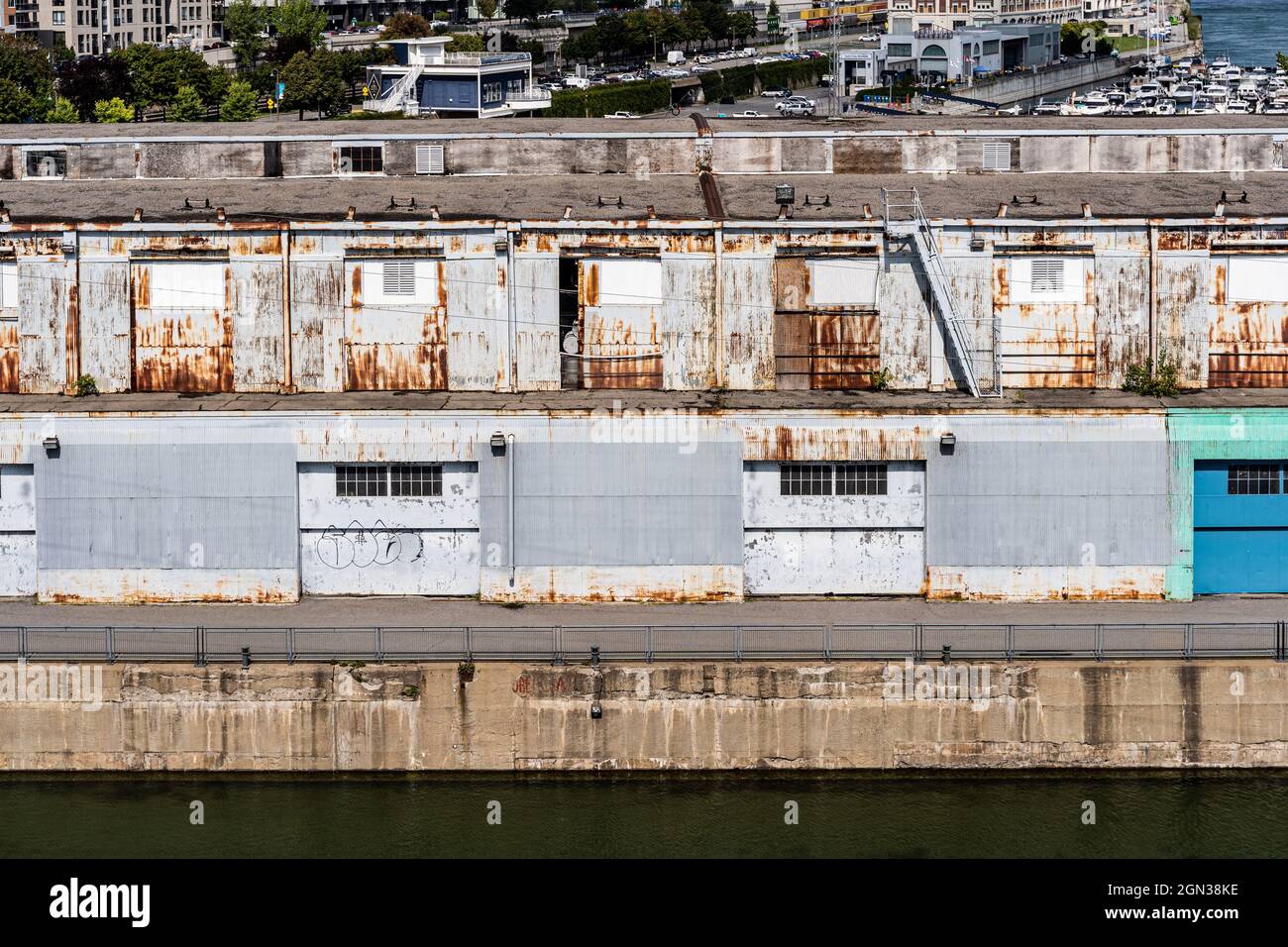 Aerial view of old rusty buildings from the top of La Ronde, Montreal ...