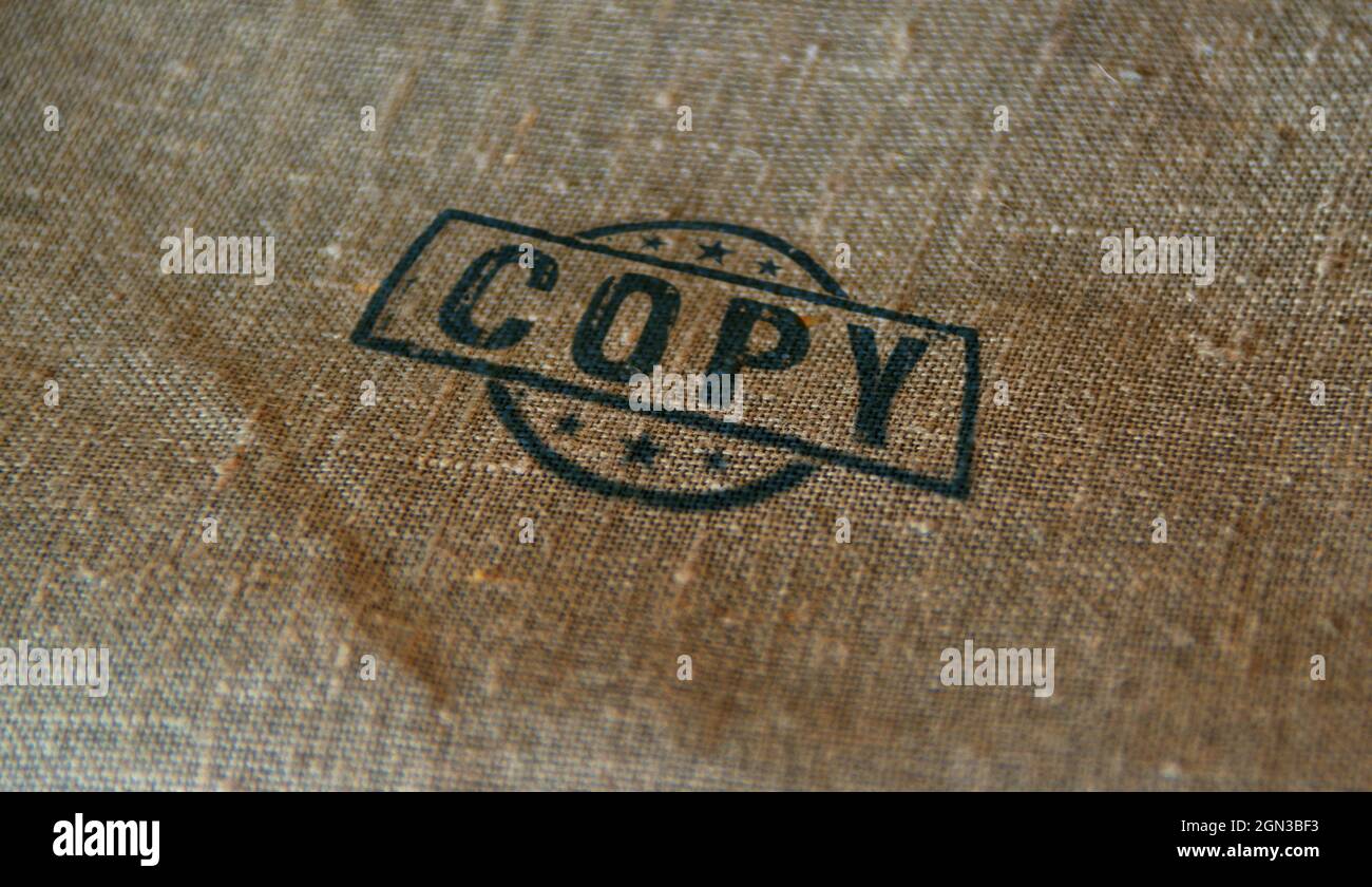Copy stamp printed on linen sack. Reproduction and duplicate document ...